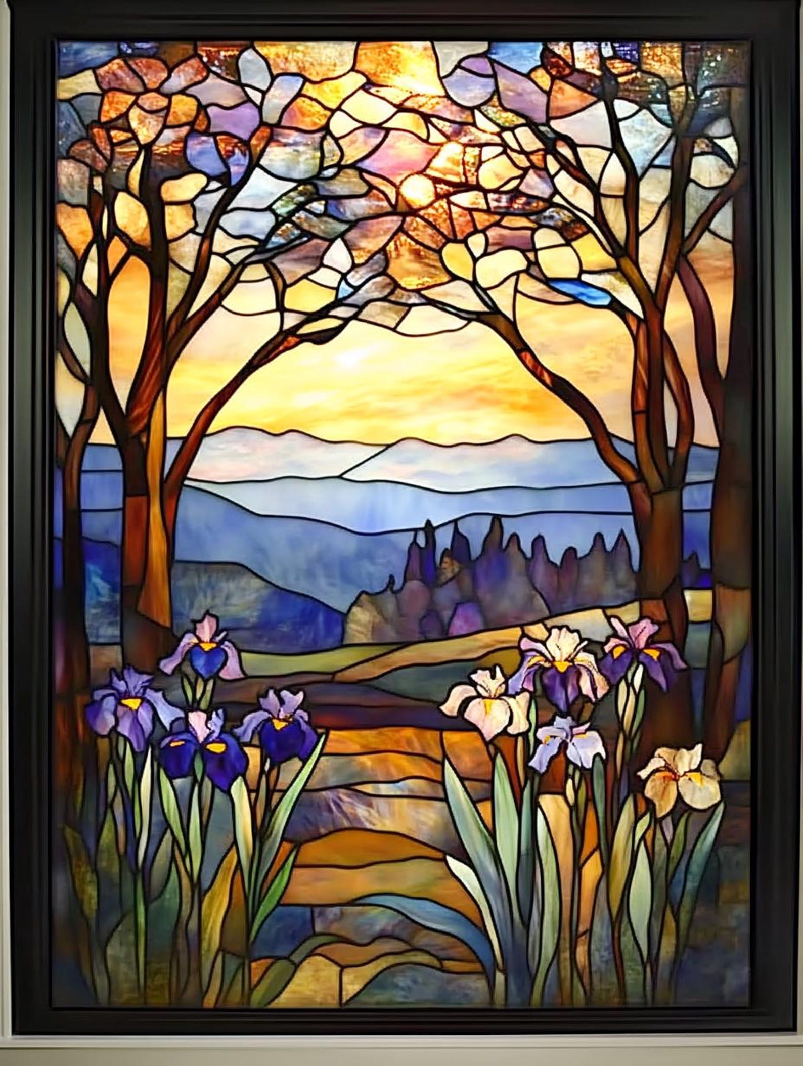 Custom Size Sunset Over the Lake Stained Glass Window Film Serene Tree ...