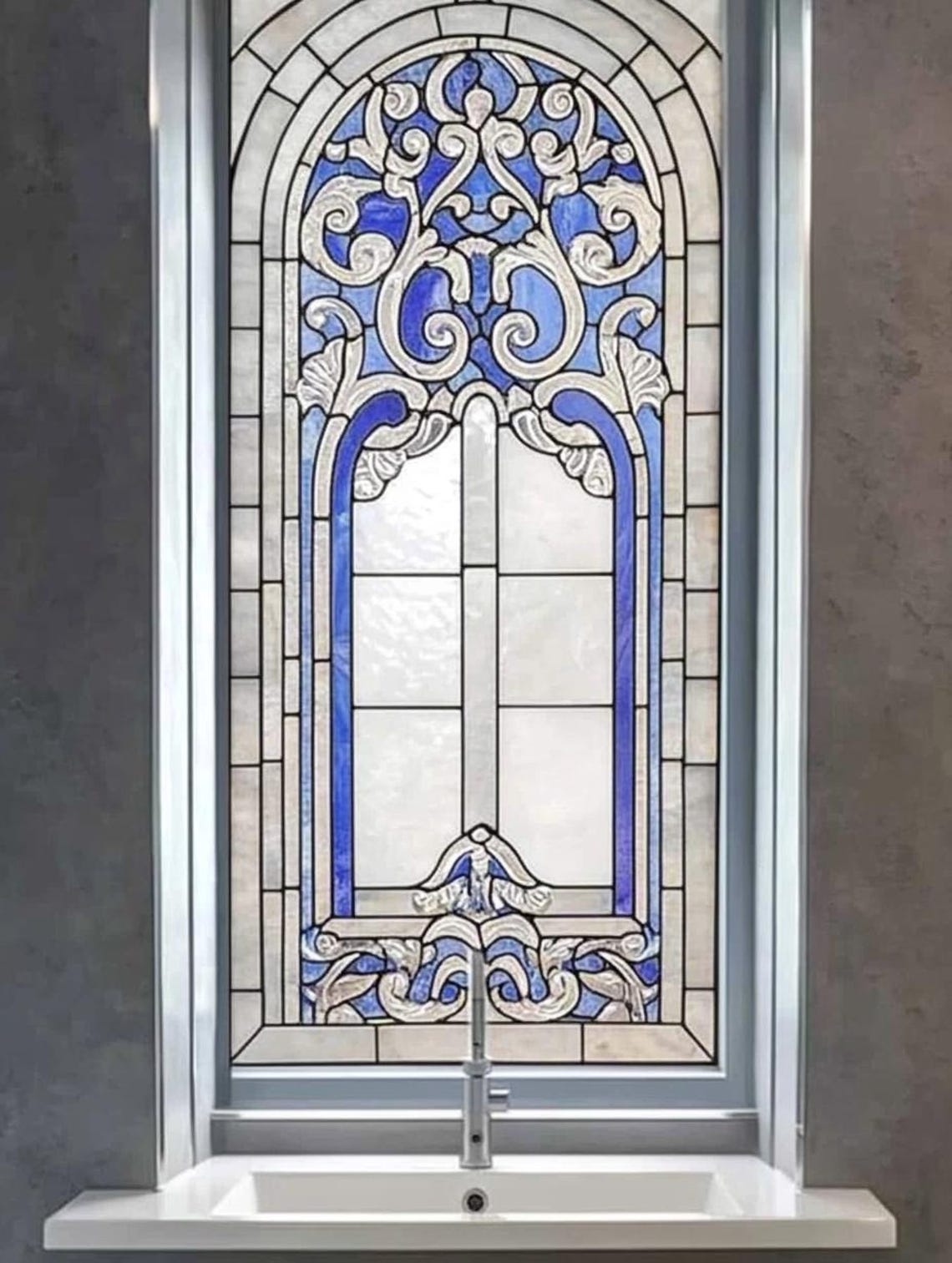 Custom Size Stained Glass Privacy Window Panel Elegant Blue and White ...