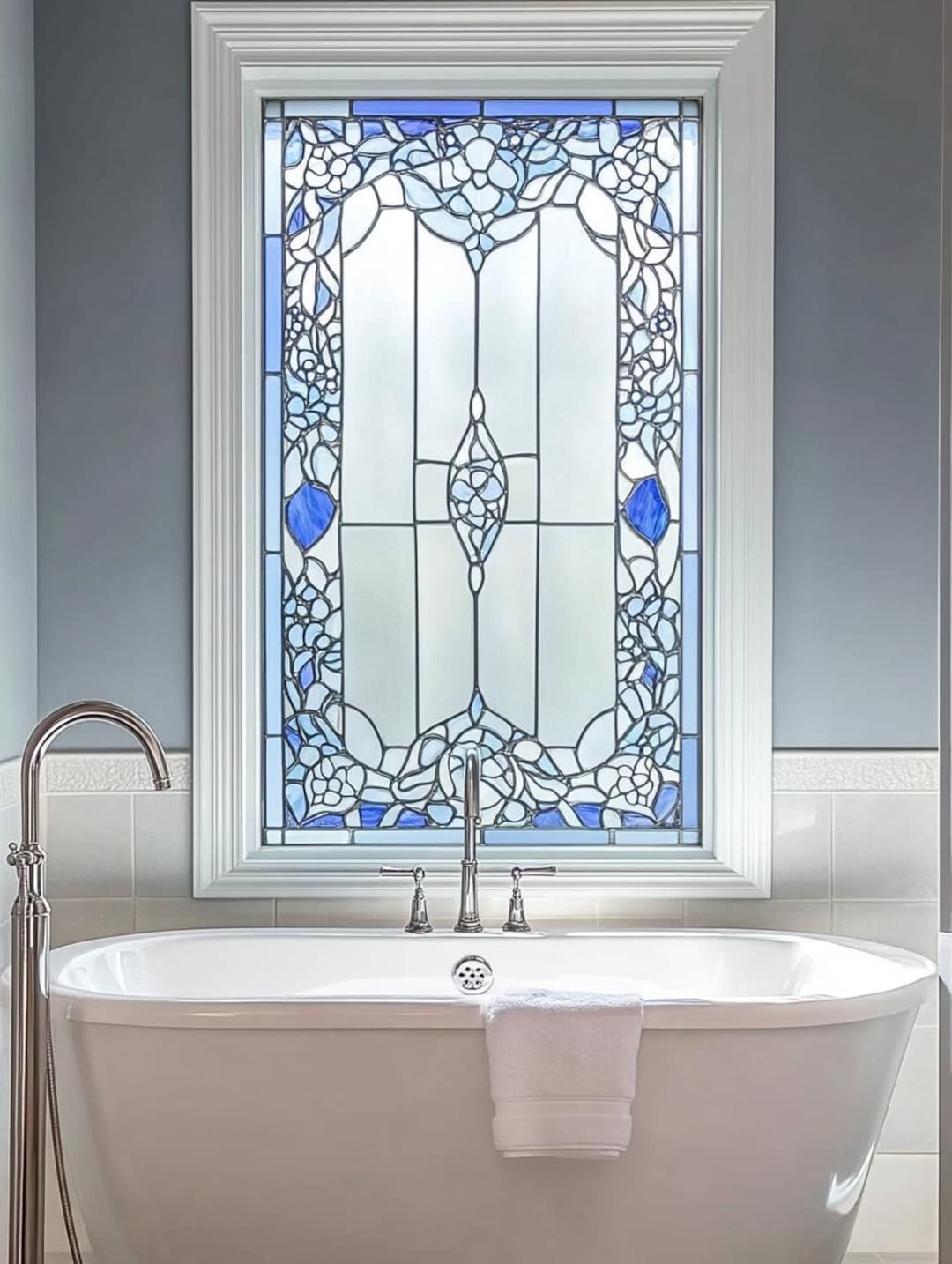 Custom Size Stained Glass Privacy Window Panel Elegant Blue and White ...