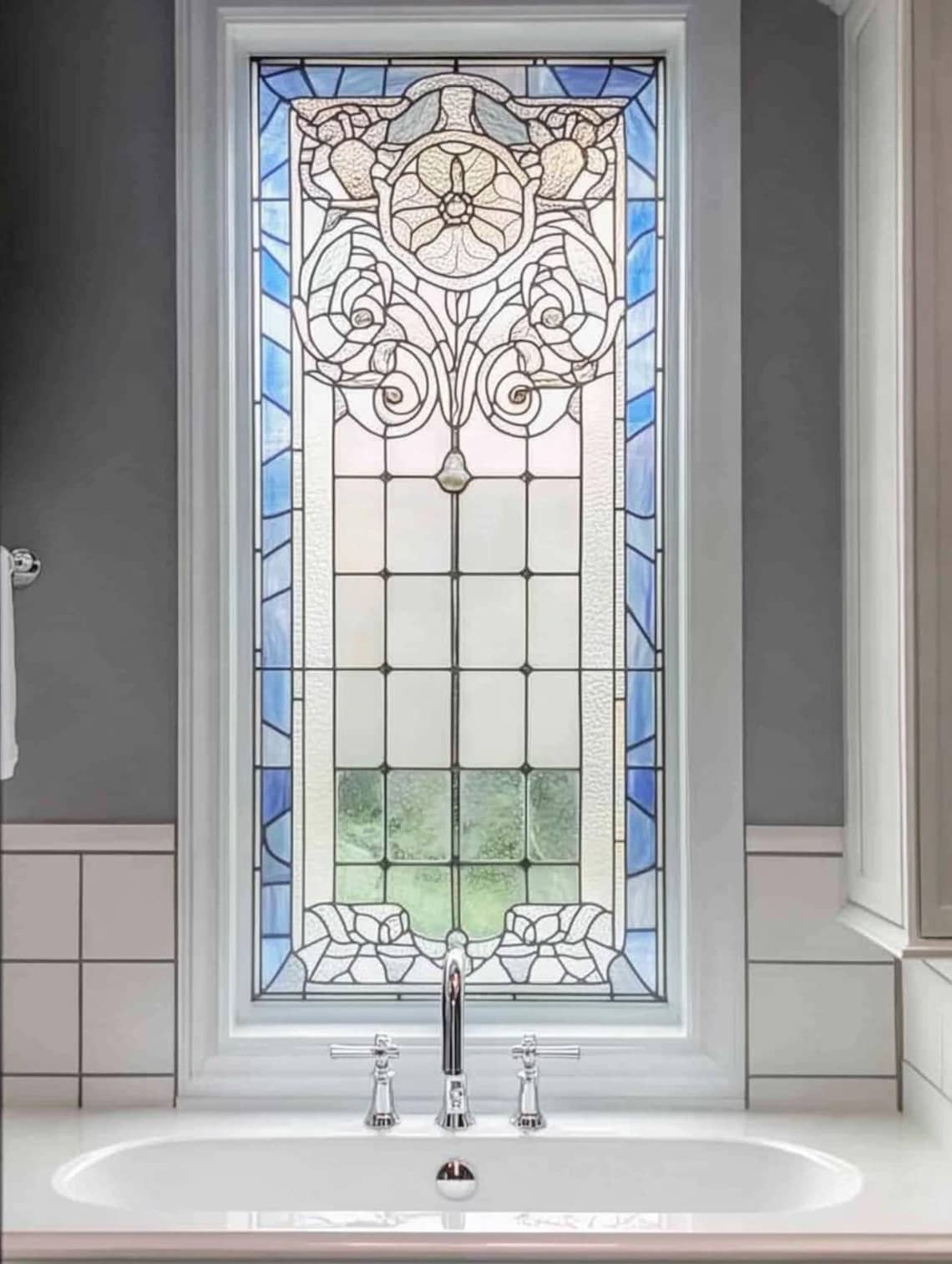 Custom Size Stained Glass Privacy Window Panel Elegant Blue and White ...