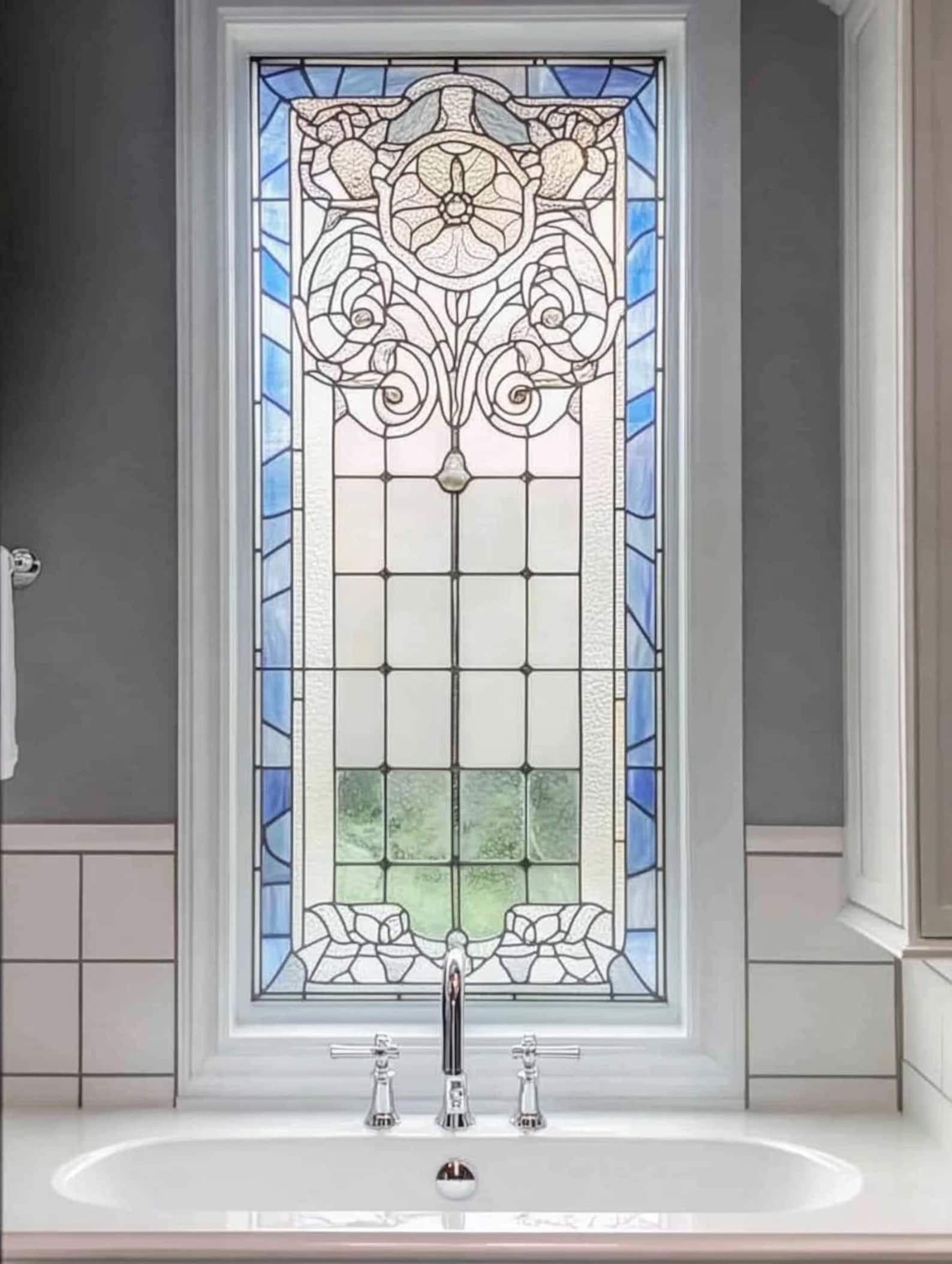 Custom Size Stained Glass Privacy Window Panel Elegant Blue and White ...