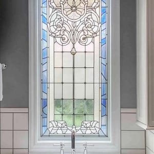 Custom Size Stained Glass Privacy Window Panel Elegant Blue and White ...