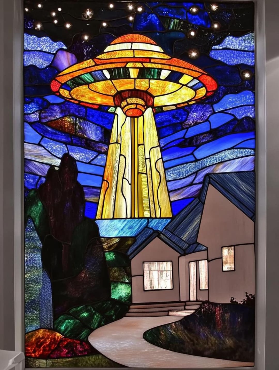 Custom Size Alien Spaceship Stained Glass Window Cling Futuristic ...