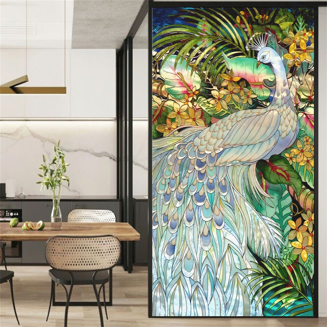 Vintage Door Sticker Frosted Stained Glass Window Film Peacock Pattern ...