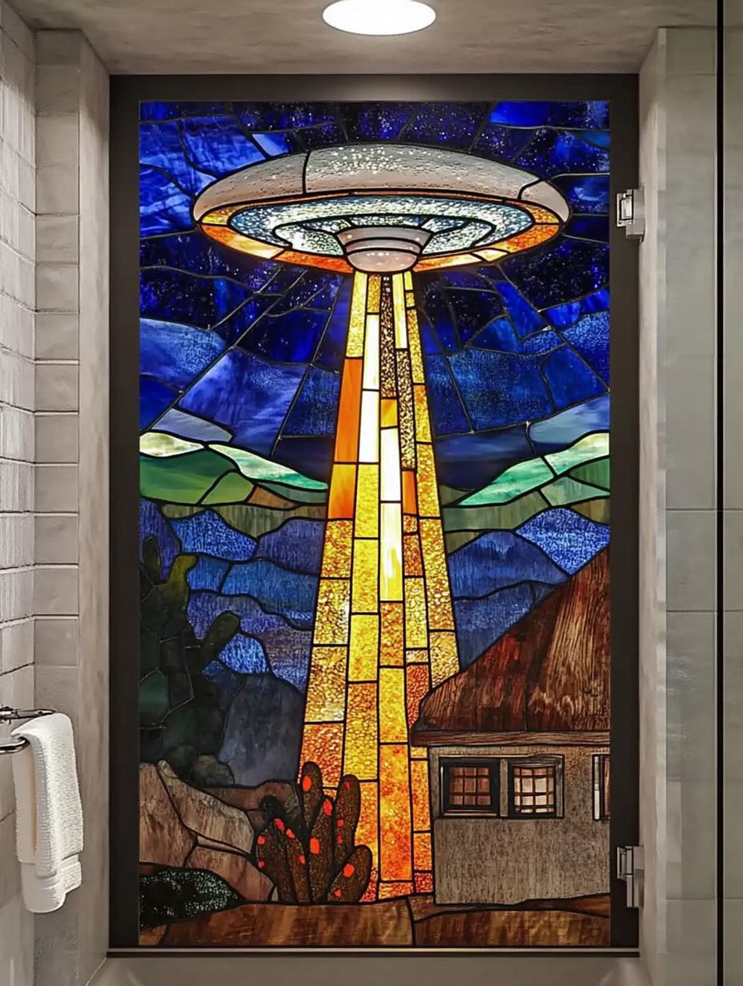 Custom Size Sci-fi Stained Glass Privacy Film With Glowing Spaceship ...