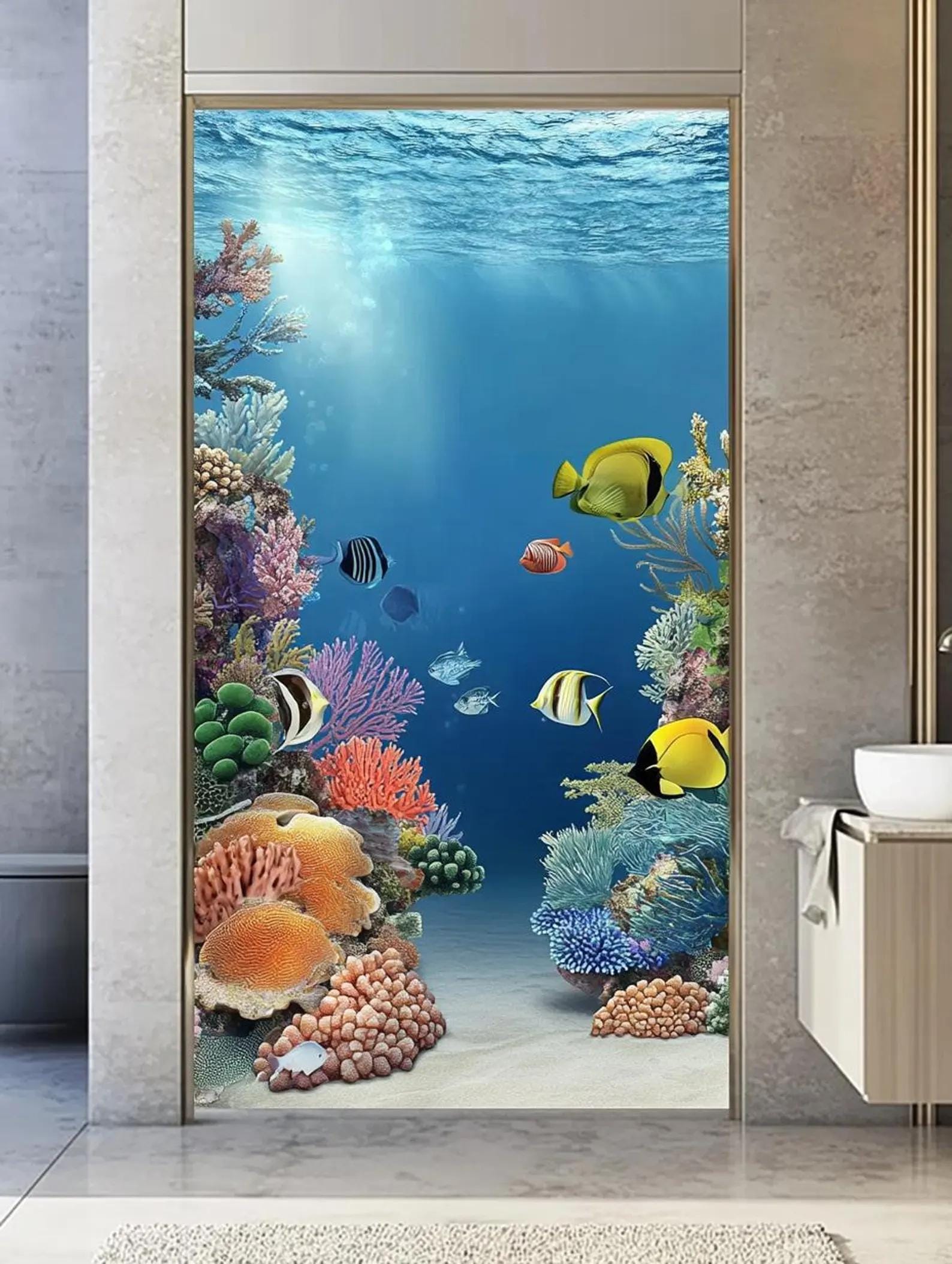 Custom Size Ocean-themed Bathroom Door Privacy Film Underwater Coral ...