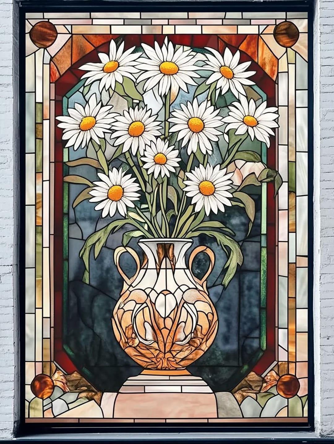 Custom Size Daisy Stained Glass Window Film Elegant Floral Vase Design ...