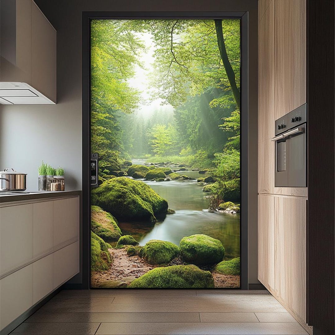 Custom Size Serene Nature Static Cling Window Film Green Forest River ...
