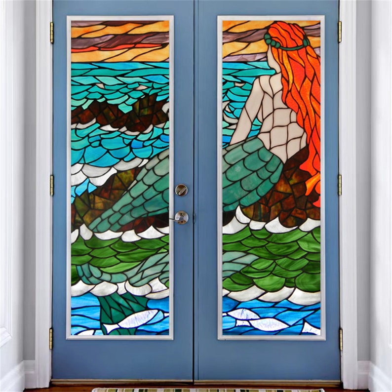 Custom Size Window Stained Glass Films Mermaid Flower Fairy People ...