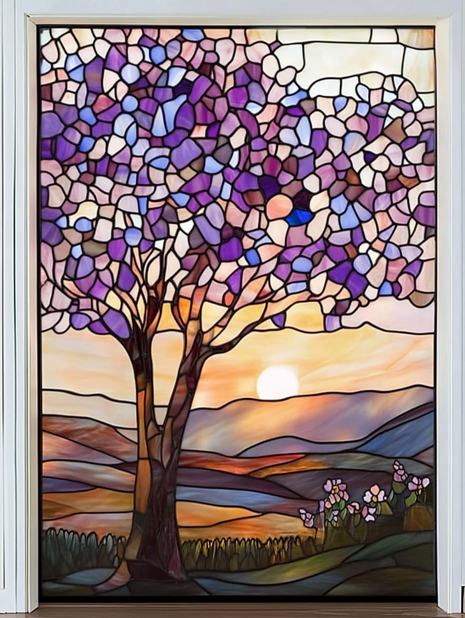 Custom Size Purple Bloom Tree Stained Glass Window Film Scenic Sunset ...