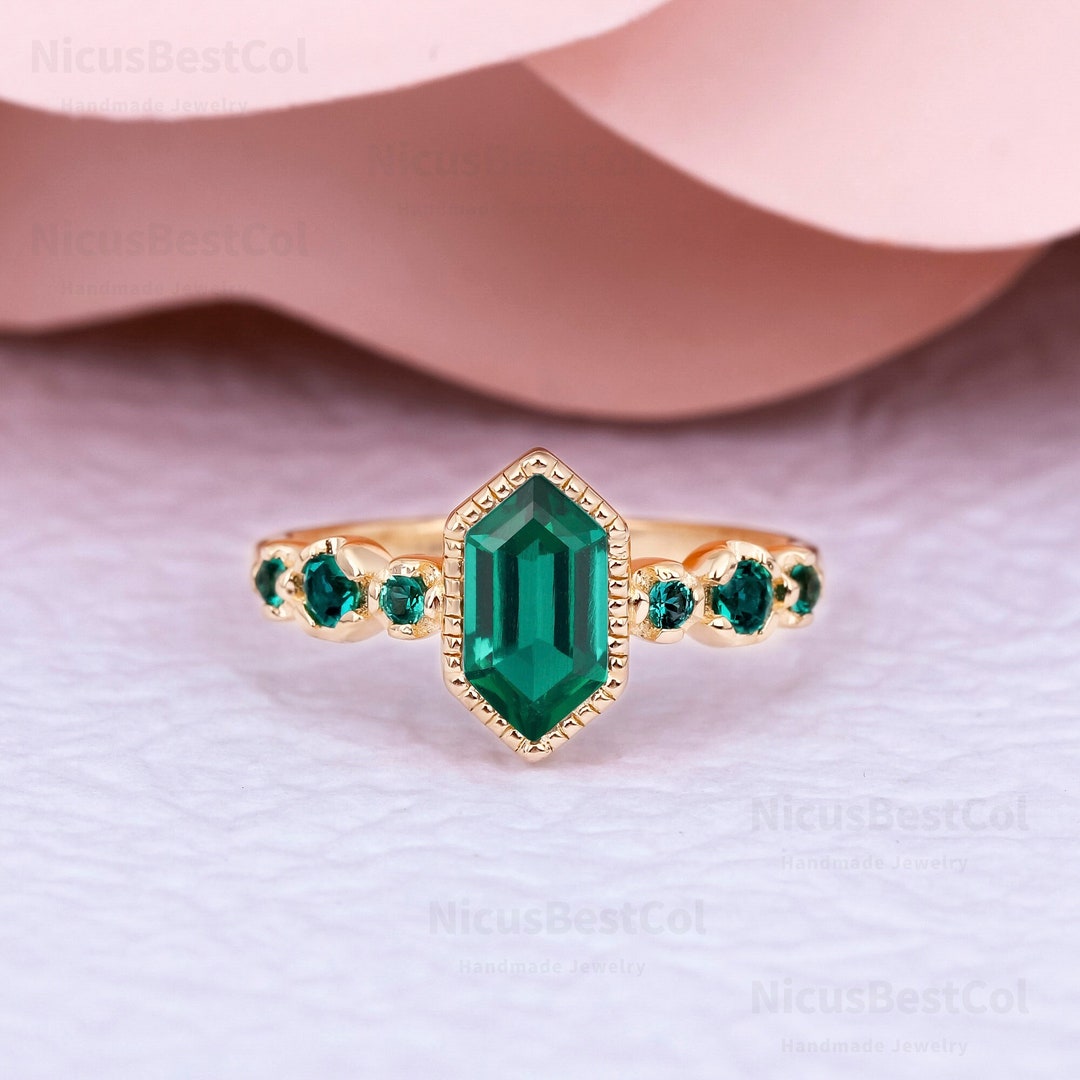 925 Silver Handmade Ring Art Deco Lab Created Emerald Engagement Ring ...