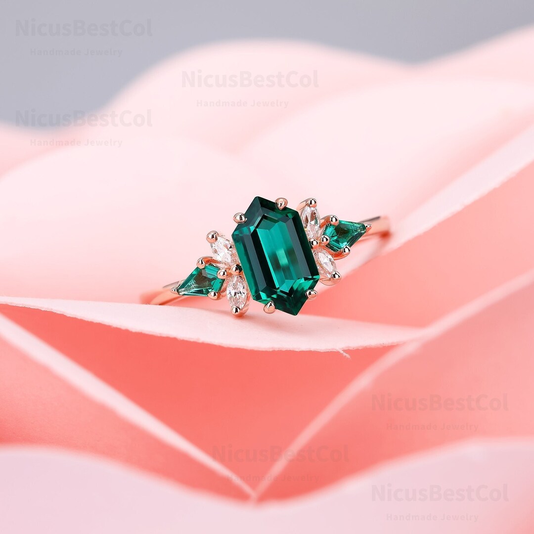 Long Hexagon Lab Created Emerald Engagement Ring Art Deco Emerald 925 ...
