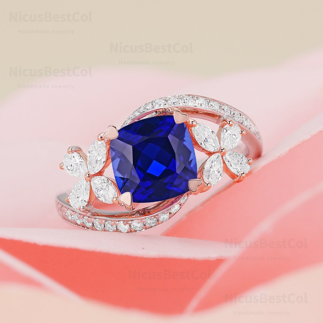 925 Sterling Silver Cushion Cut Lab Created Sapphire Engagement Ring ...
