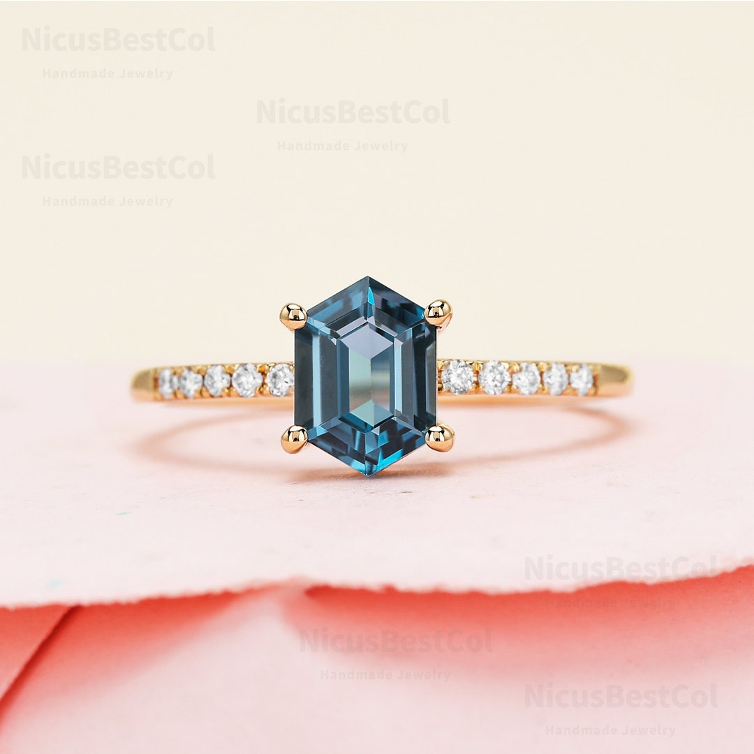 Natural Gemstone Ring Long Hexagonal Cut 14K Solid Gold Natural London ...