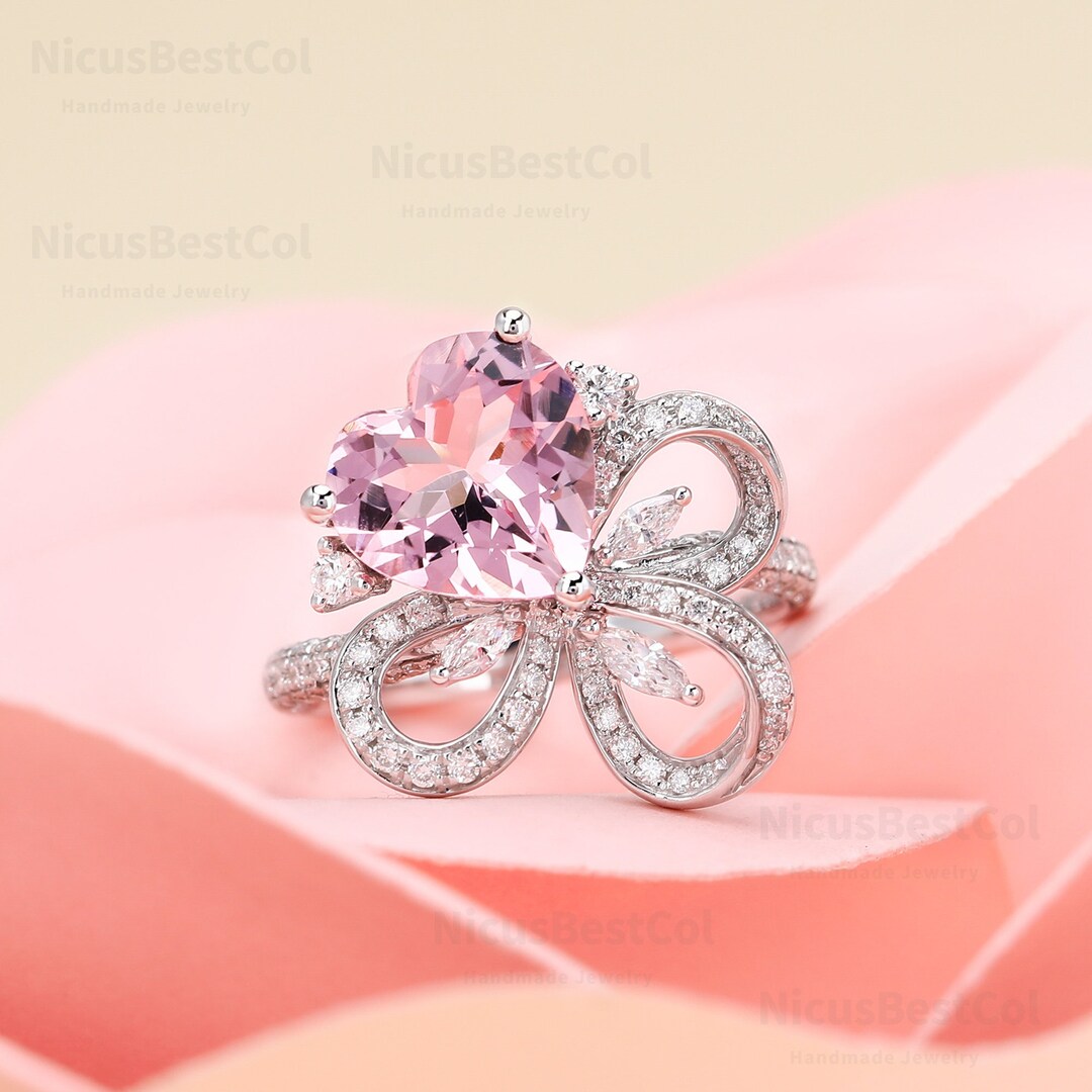 Unique Flower Ring Heart Cut Lab Created Pink Morganite 10K White Gold Engagement Ring Handmade ...