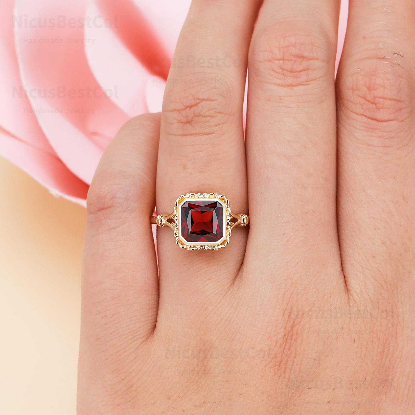 Vintage Radiant Natural Garnet 10K Rose Gold Engagement Ring Art Deco ...