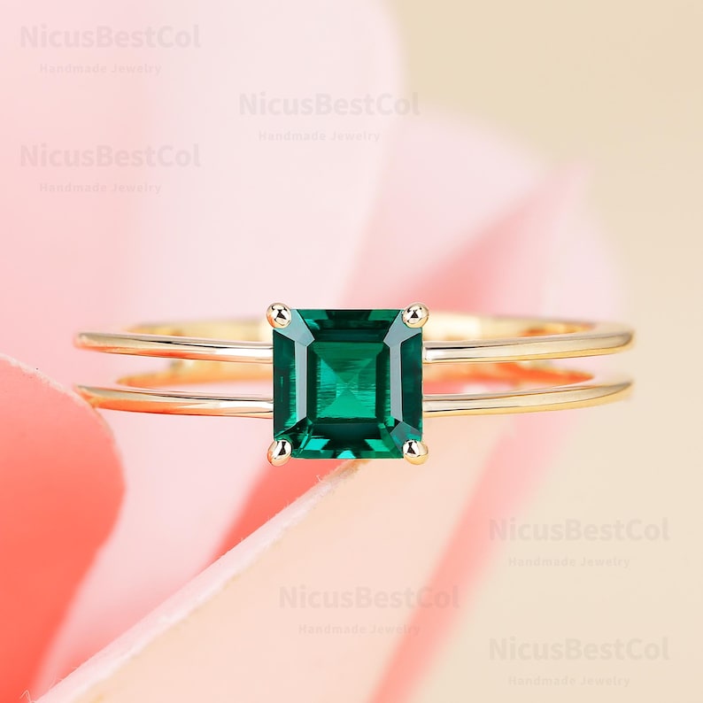Unique 10K Yellow Gold Lab Created Emerald Solitaire Ring Double Band ...