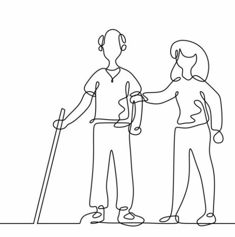 One Continuous Line Art of Woman Help Blind Man Walk on the Street With ...