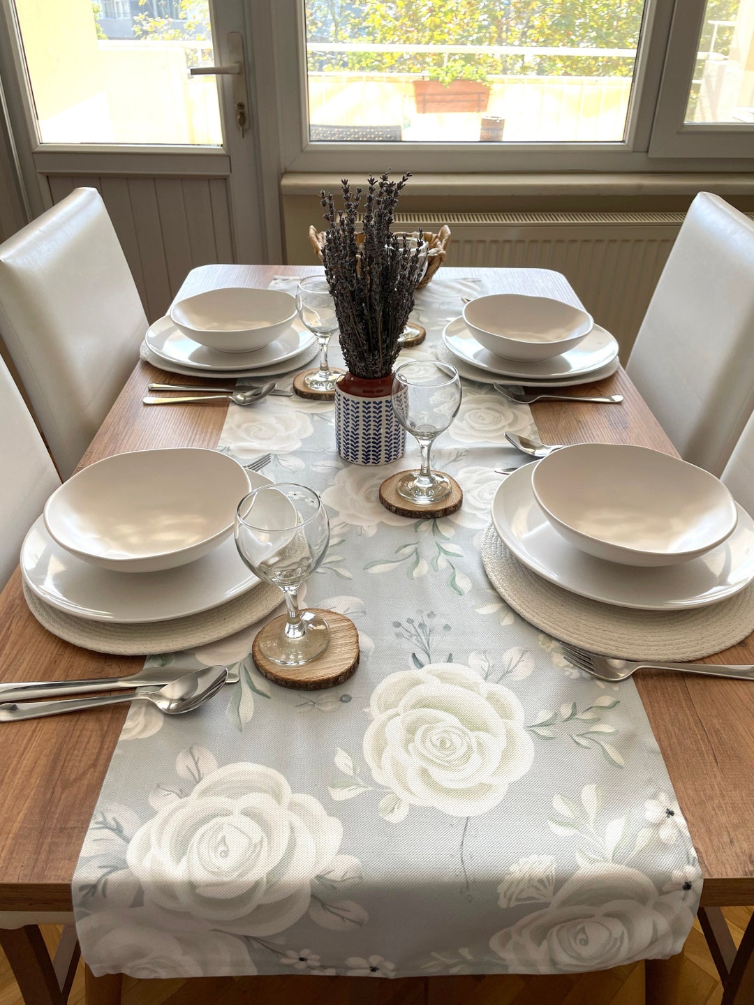 Buy White Rose Table Runner | Vintage Rose Leaf Tablecloth | Peony ...