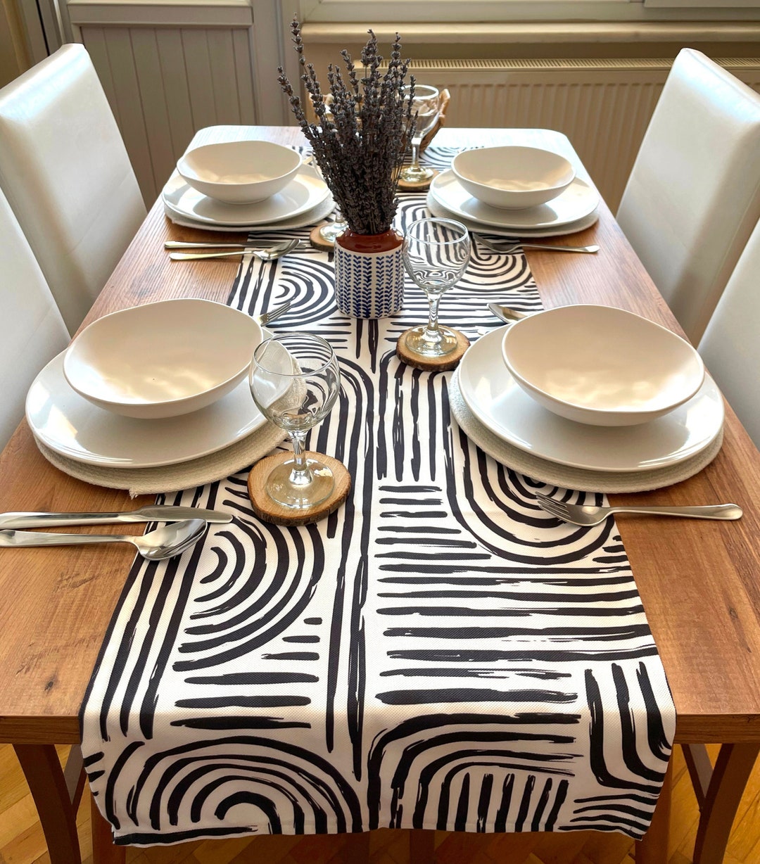 Contemporary Table Runner | Black White Tablecloth | Black Striped ...