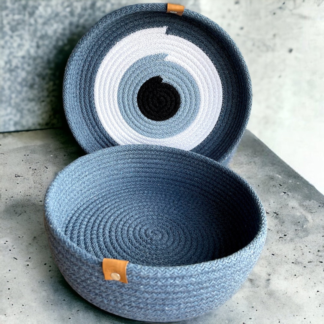 Navy Blue Basket With Lid, Round Turkish Evil Eye Greek Mati Basket ...