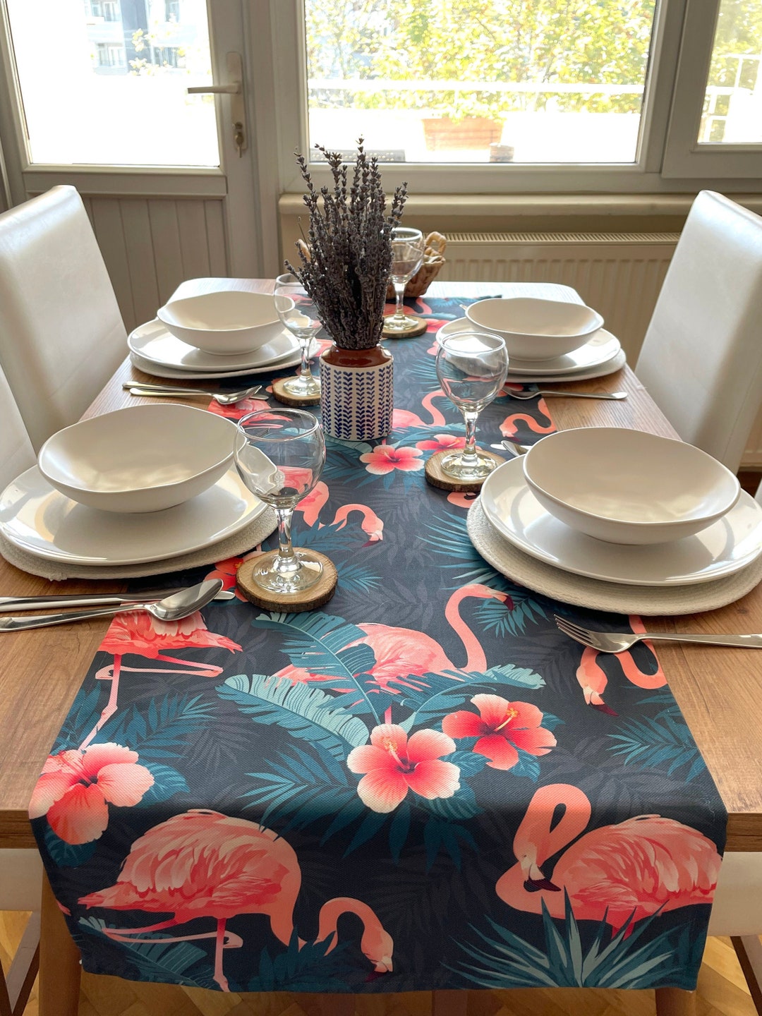 Flamingo Table Runner | Tropical Tablecloth | Exotic Leaves Print ...