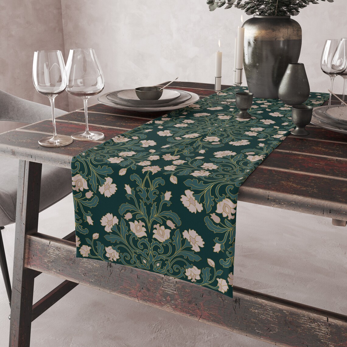 Green Floral Table Runner | Victorian Tablecloth | Table Place Setting ...