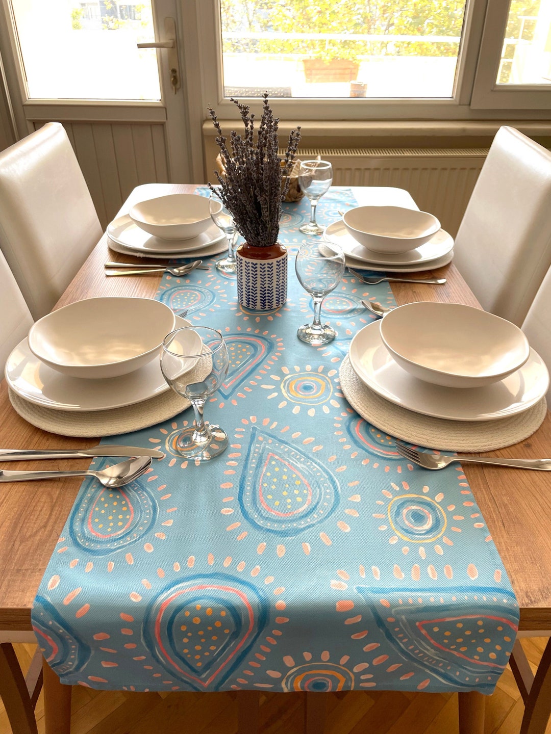 Cute Blue Pattern Table Runner | Paisley Doodle Tablecloth | Abstract ...