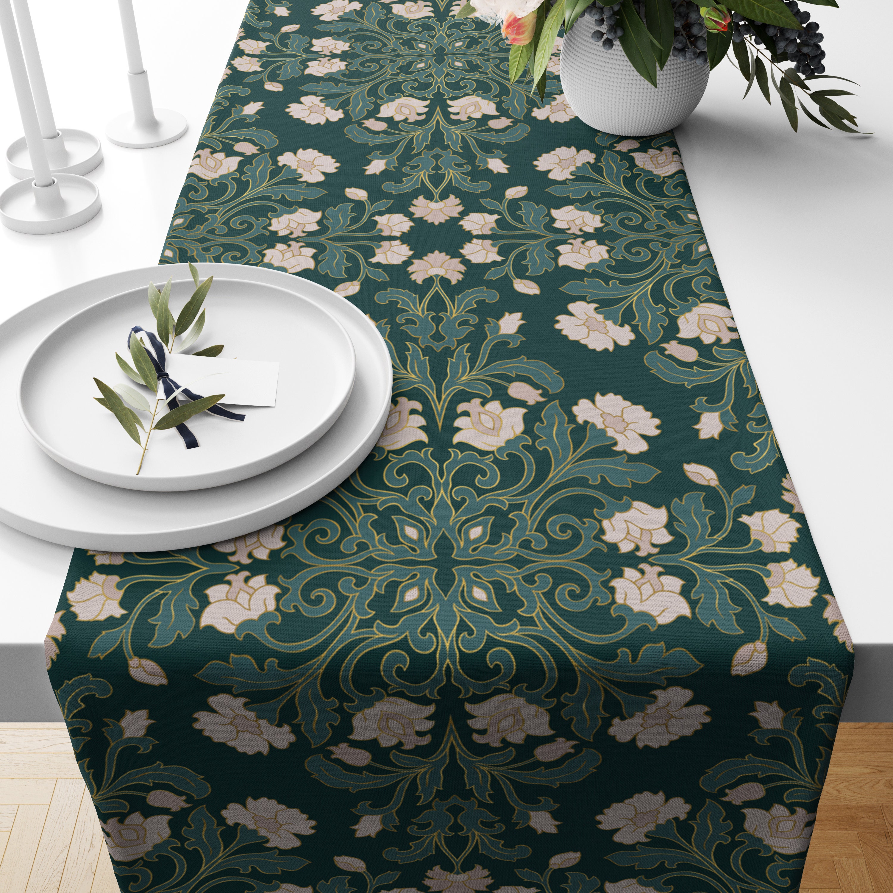 Green Floral Table Runner | Victorian Tablecloth | Table Place Setting ...
