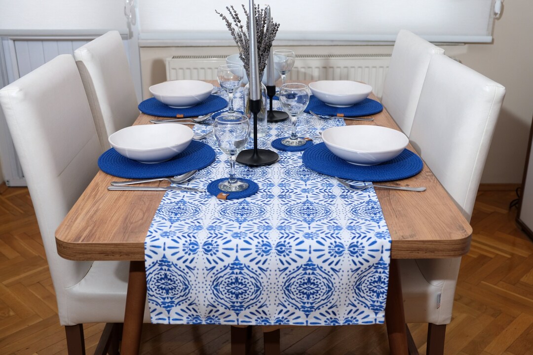 Watercolor Ikat Table Runner | Traditional Print Tablecloth | Cotton ...