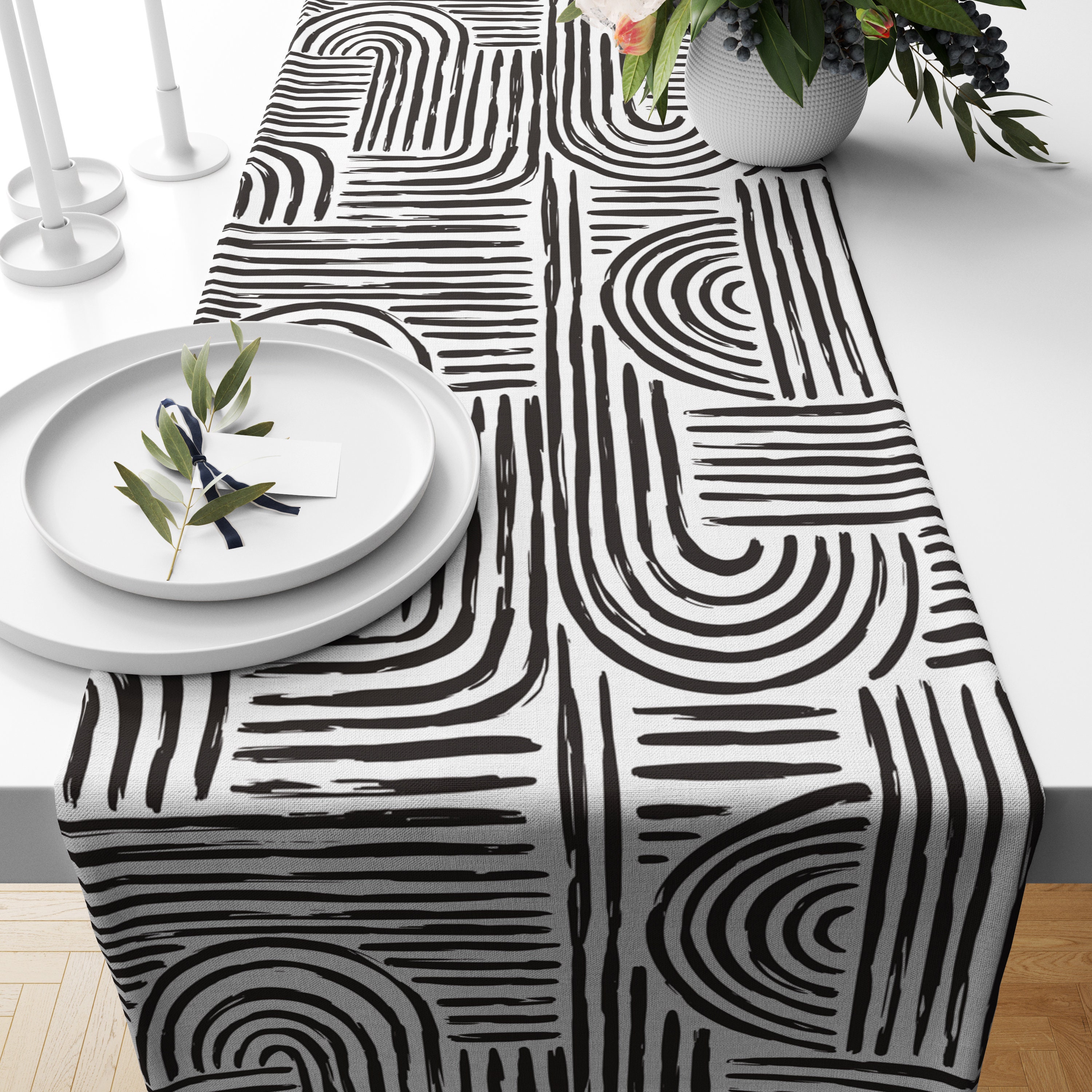 Contemporary Table Runner Black White Tablecloth Black - Etsy