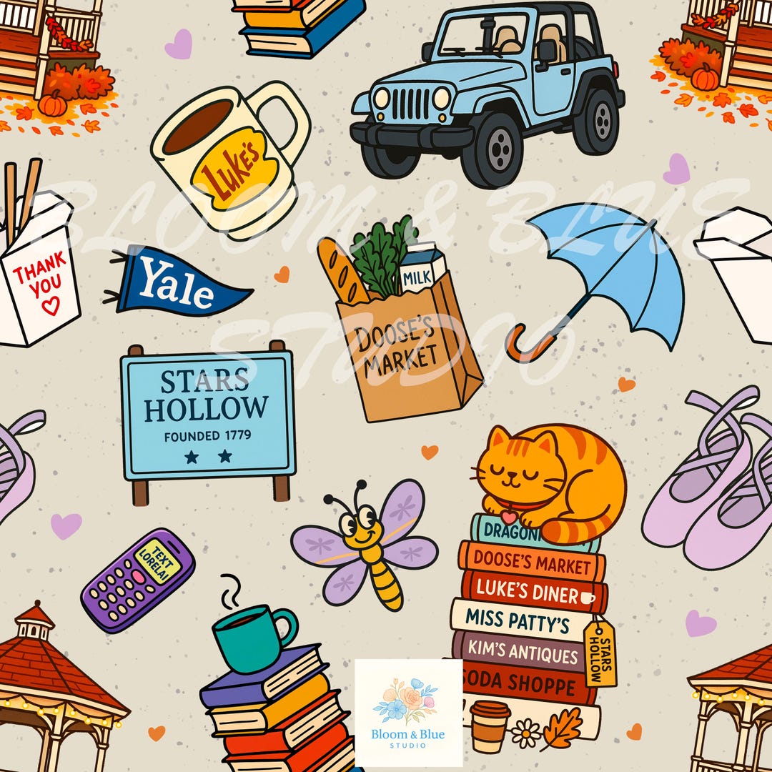 Gilmore Girls Seamless Pattern, Star Hollow and 90s Tv Show Quirky ...