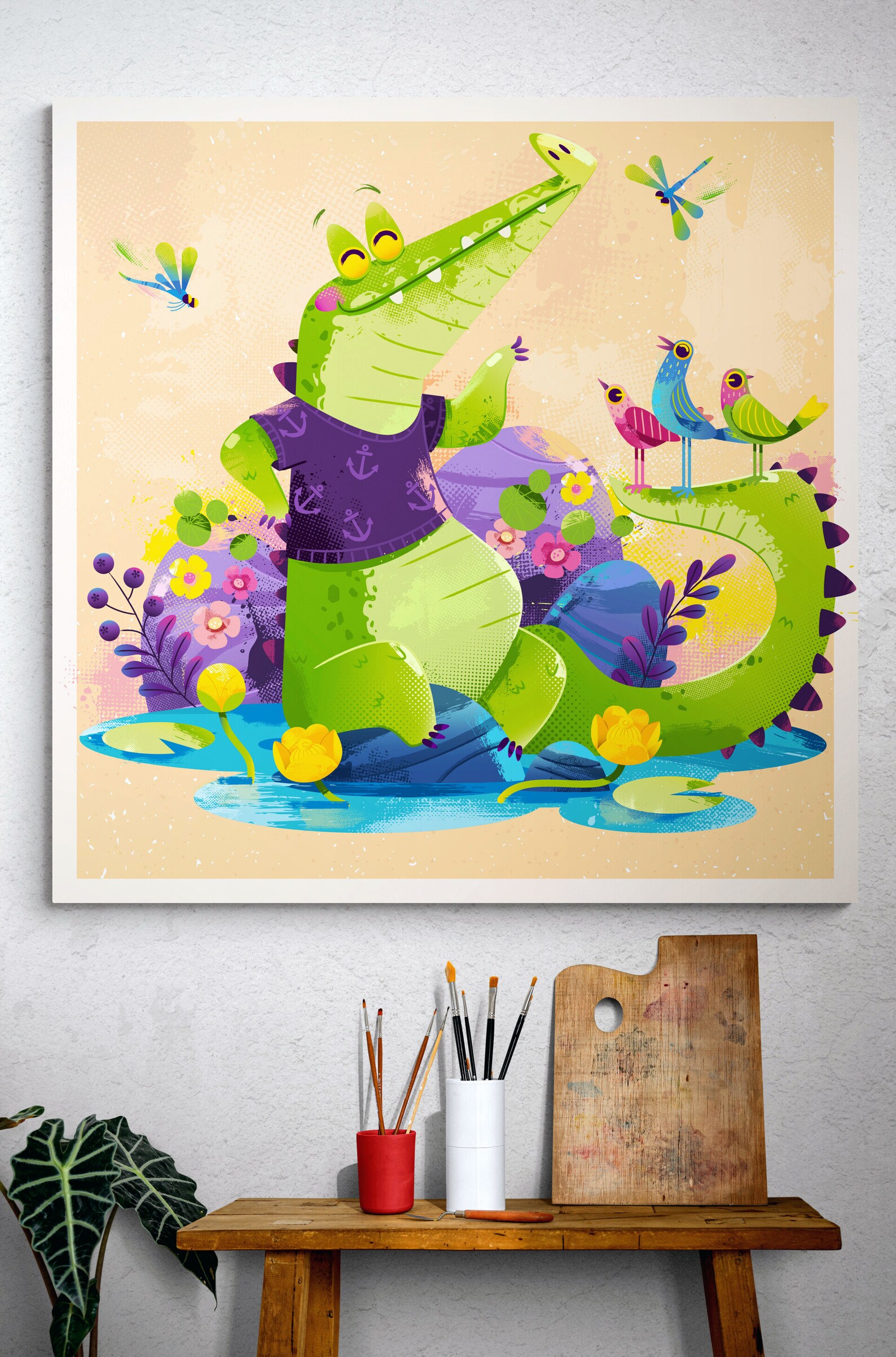 Happy Crocodiles in a Swamp.art Print, Animal Graphic Illustration ...