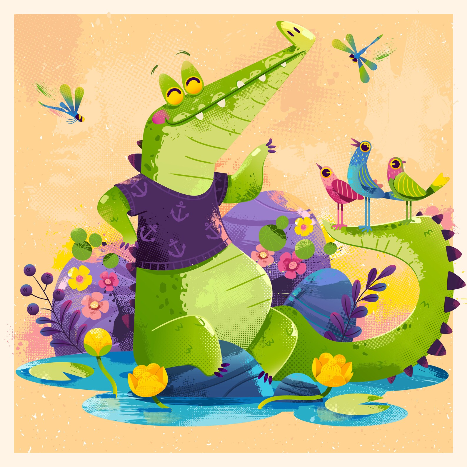 Happy Crocodiles in a Swamp.art Print, Animal Graphic Illustration ...
