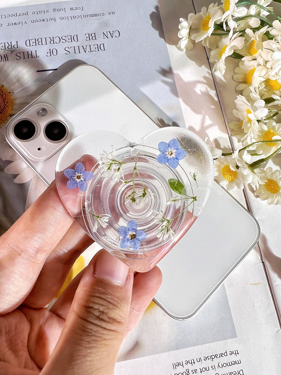 Pressed Flowers Phone Grip Blue Flowers Heart Mobile Phone - Etsy