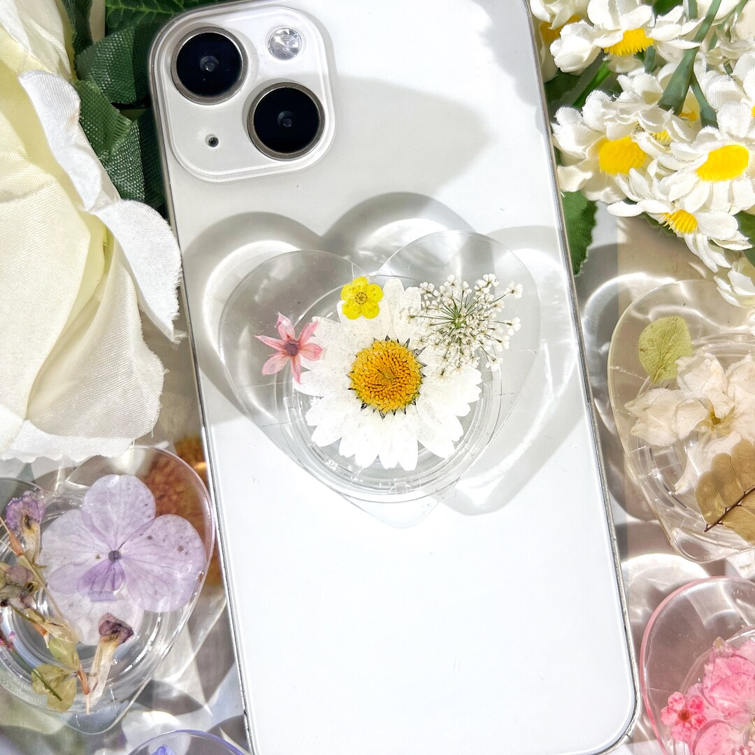 Pressed Flowers Phone Grip, White Heart Shaped Daisy Real Flower Mobile ...