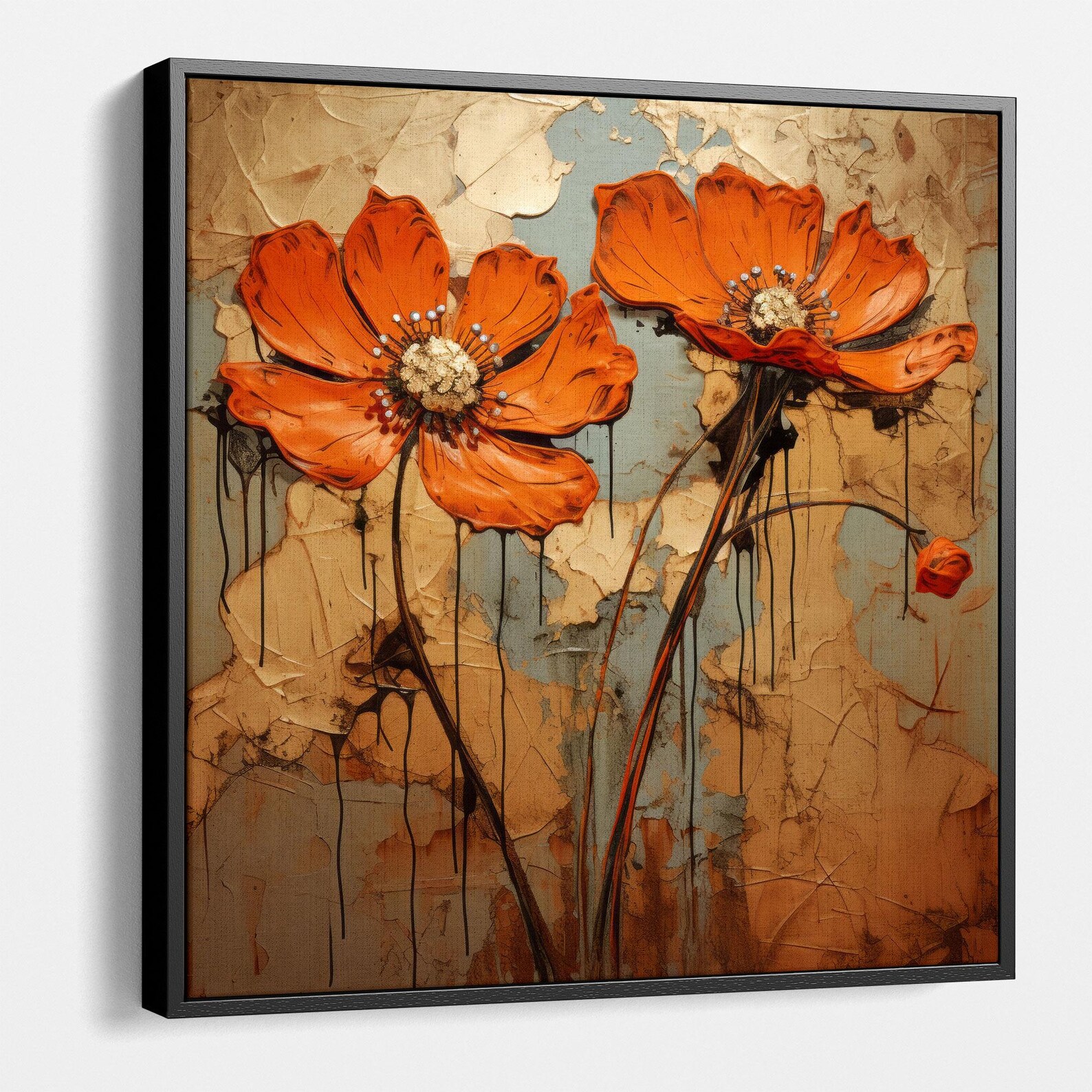 Bold Orange Floral Canvas Art, Rustic Flower Wall Decor, Modern ...