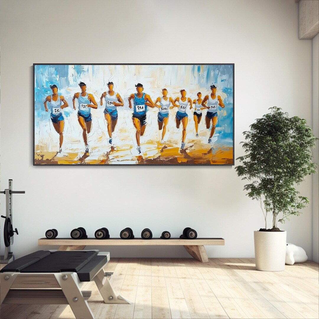 Large Marathon Sports Wall Art Modern Running Canvas Oil Painting Hand ...