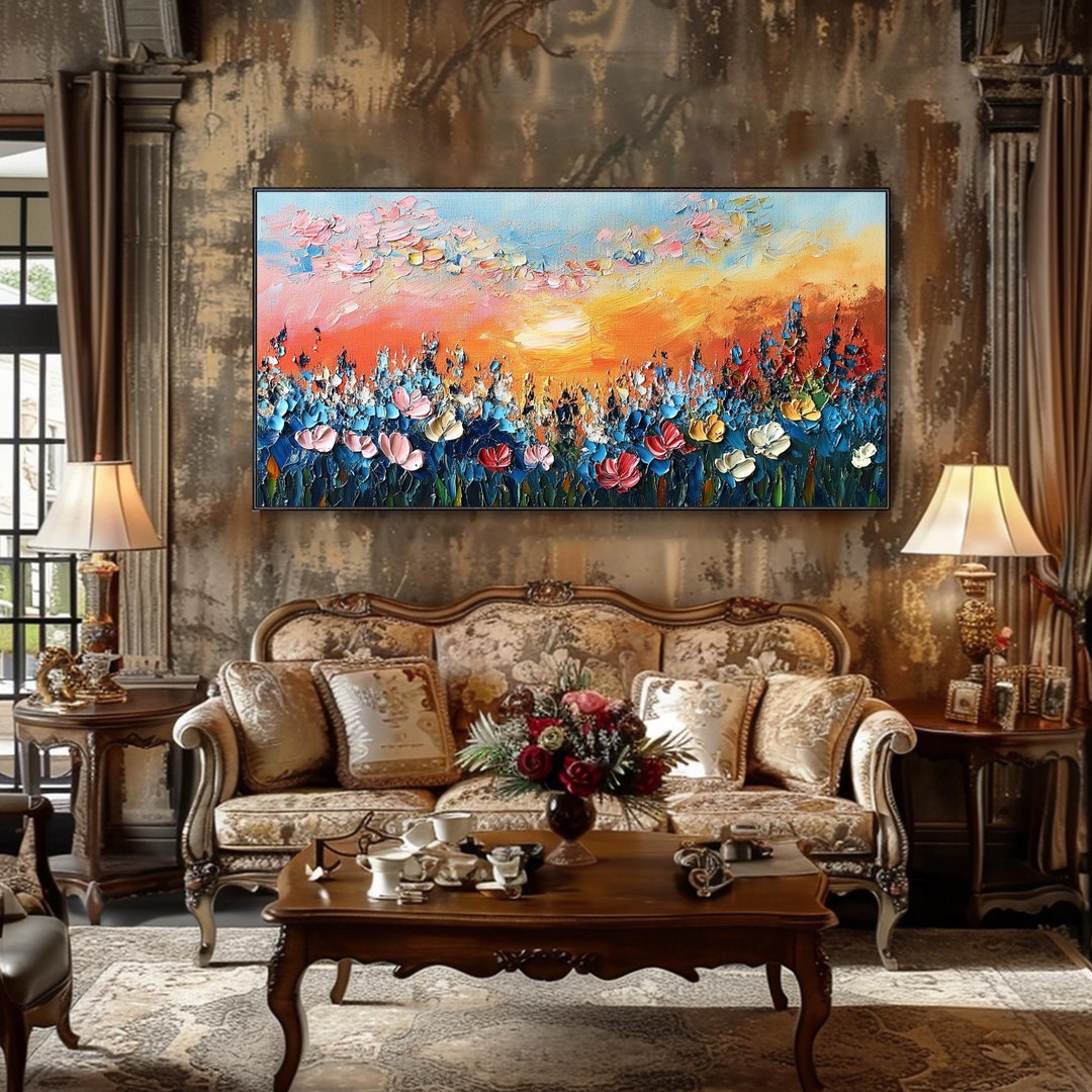 Warm Sunrise Dawn Landscape 3D Abstract Boho Flower Field Canvas Oil ...