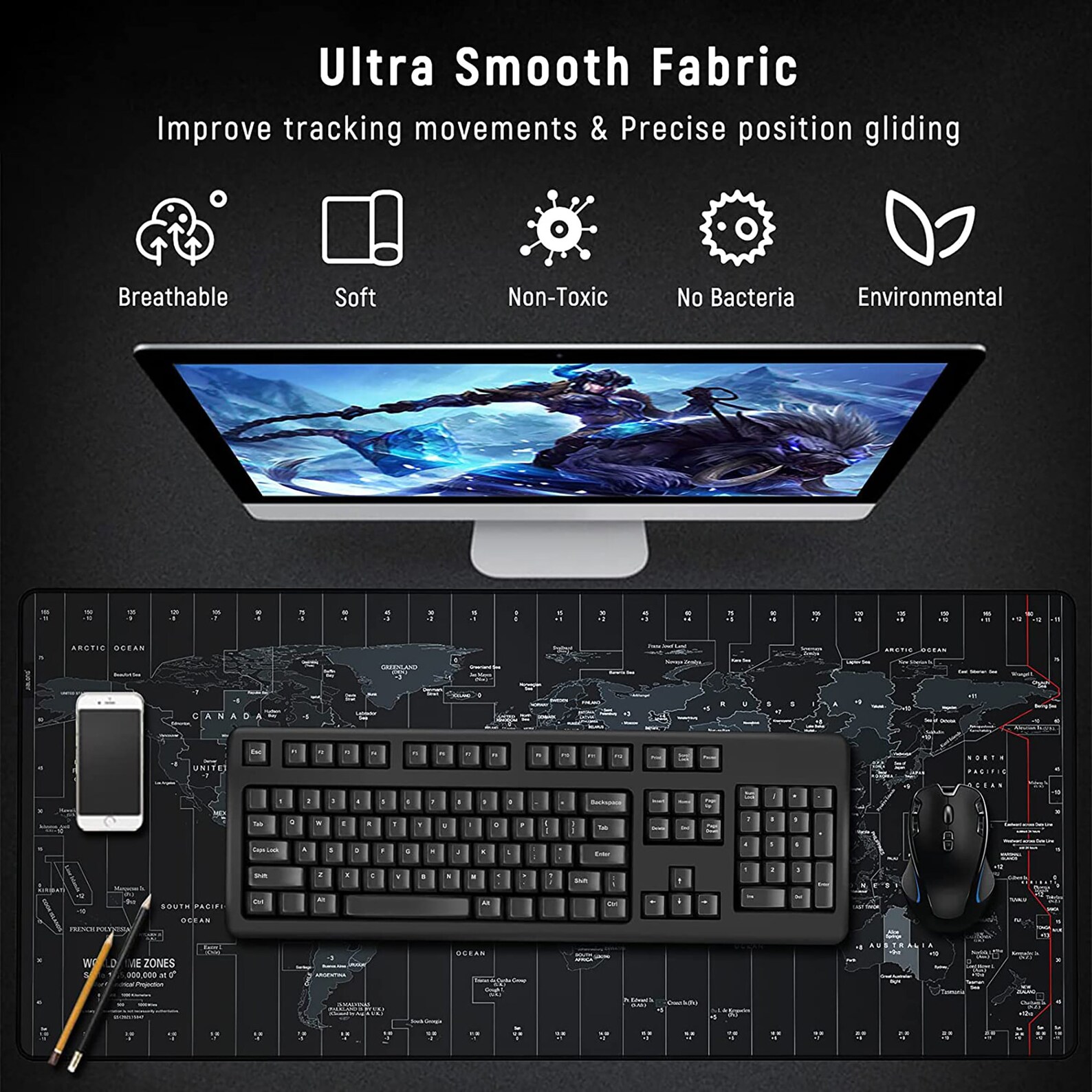 Large Gaming Mouse Pad, World Map, Stitched Edges, Extended Mousepad ...