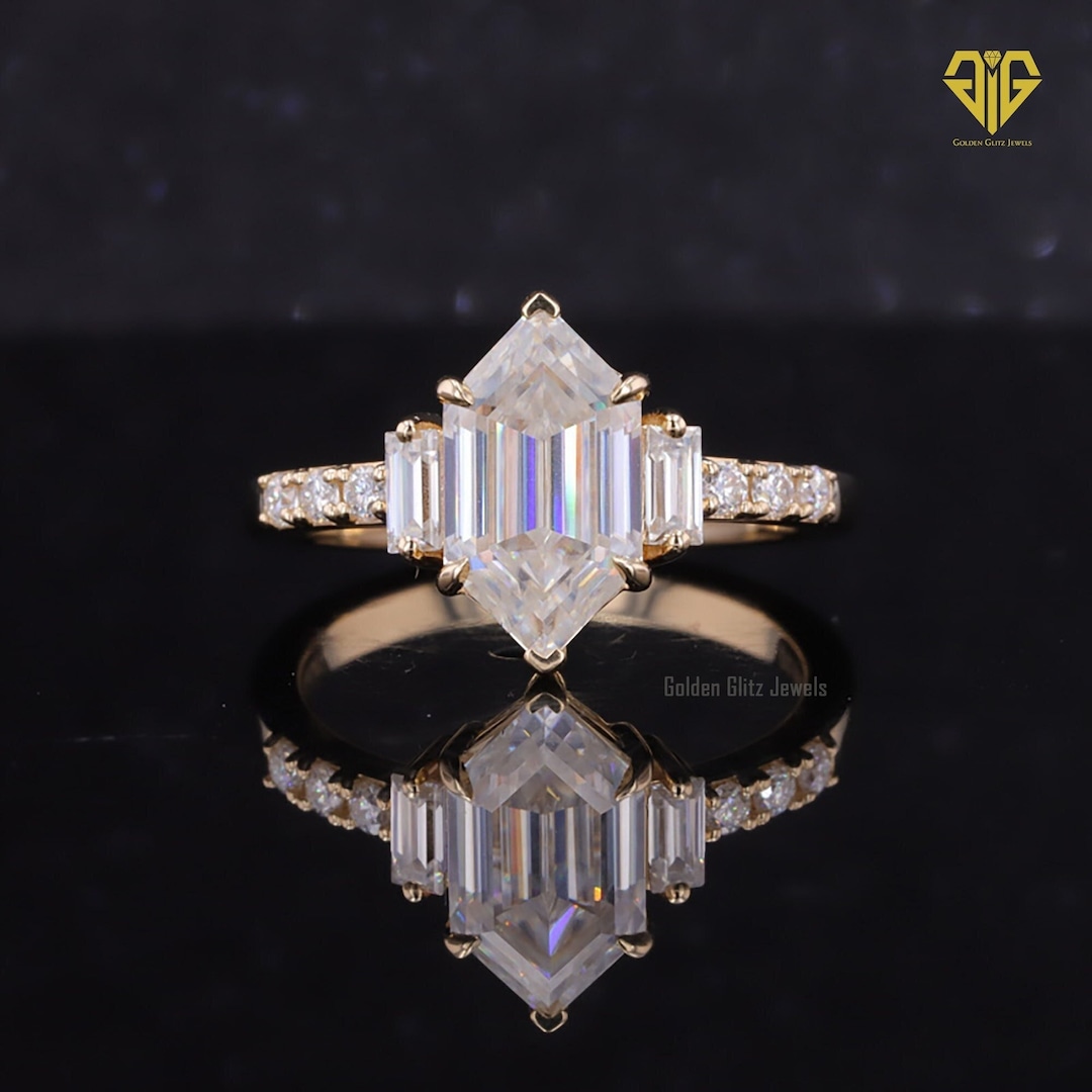 Dutch Marquise Step Cut Moissanite Ring With Side Baguette Moissanite ...