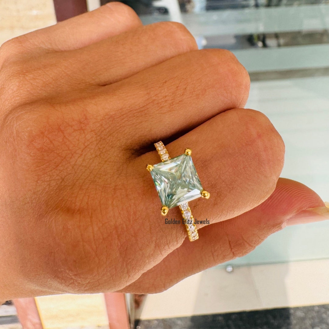 Cyan Blue Moissanite Engagement Ring, Princess Cut, Yellow Gold Over ...