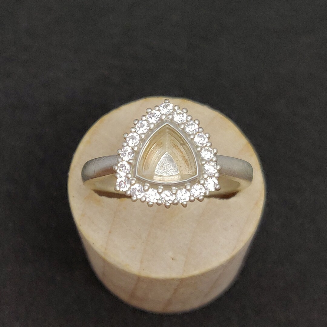 Elegant Trillion Cut Silver Halo Ring With Pave Cubic Zirconia Cluster ...