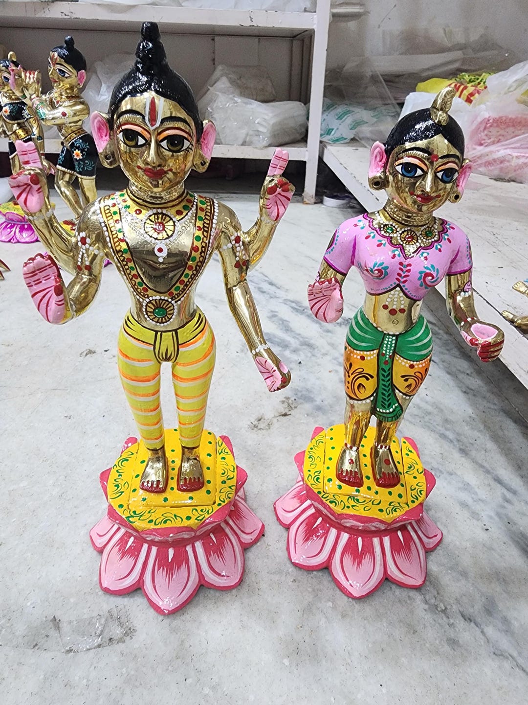 11inch/28cm Solid Vishnu Laxmi Statue , Four Hand Vishnu Painted With ...