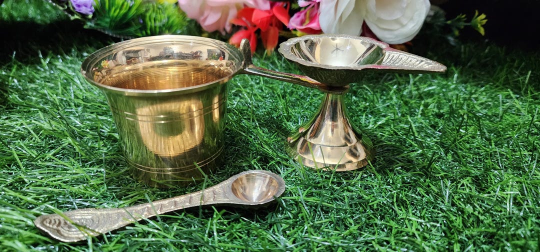 Brass Panchpatra and Brass Diya From Vrindavan , Pooja Item , Peetal ...
