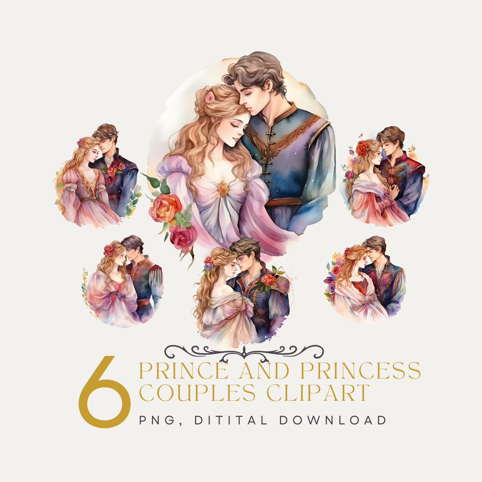 6 Cute Prince and Princess Couples Clipart, Romantic Valentine Clipart ...