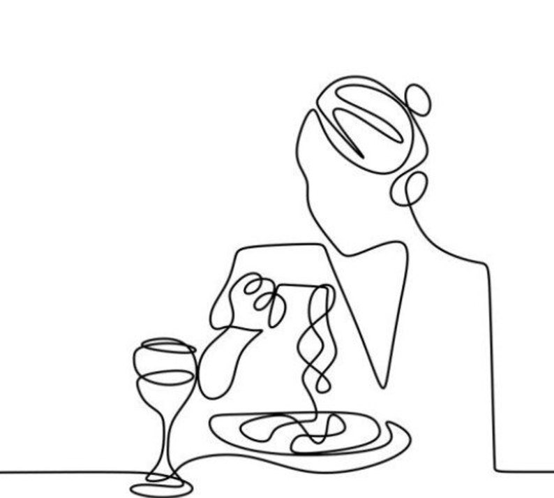 Continuous One Line Drawing, Vector of Young Woman Eating Meal Food ...