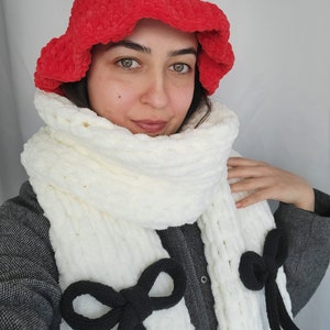 Chunky Hand Knit Ribbon Bow Scarf, Handmade Knitted Bow Scarf, Soft ...