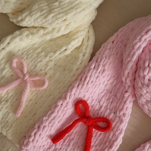 Chunky Hand Knit Bow Scarf, Handmade Bow Scarf, Bow Crochet, Knitted ...