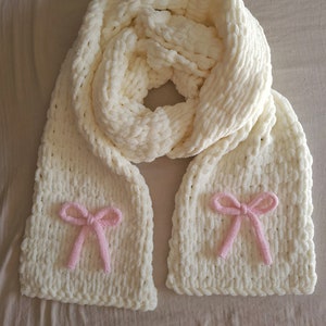 Chunky Hand Knit Bow Scarf, Handmade Bow Scarf, Bow Crochet, Knitted ...